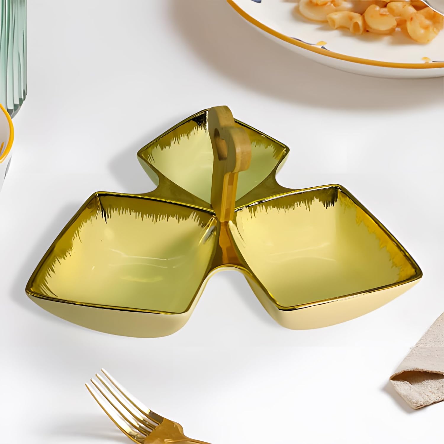 Elegant Cream Ceramic Tri-Part Serving Platter with Bamboo Handle & Go ...